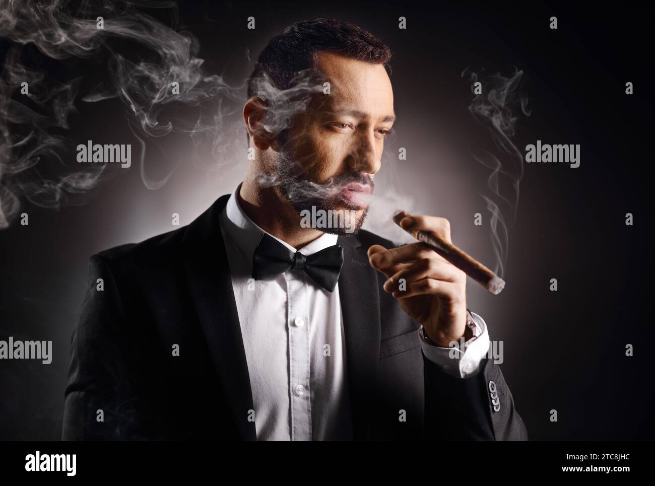 Young gentleman in a suit and bow tie smoking a cigar over a black ...