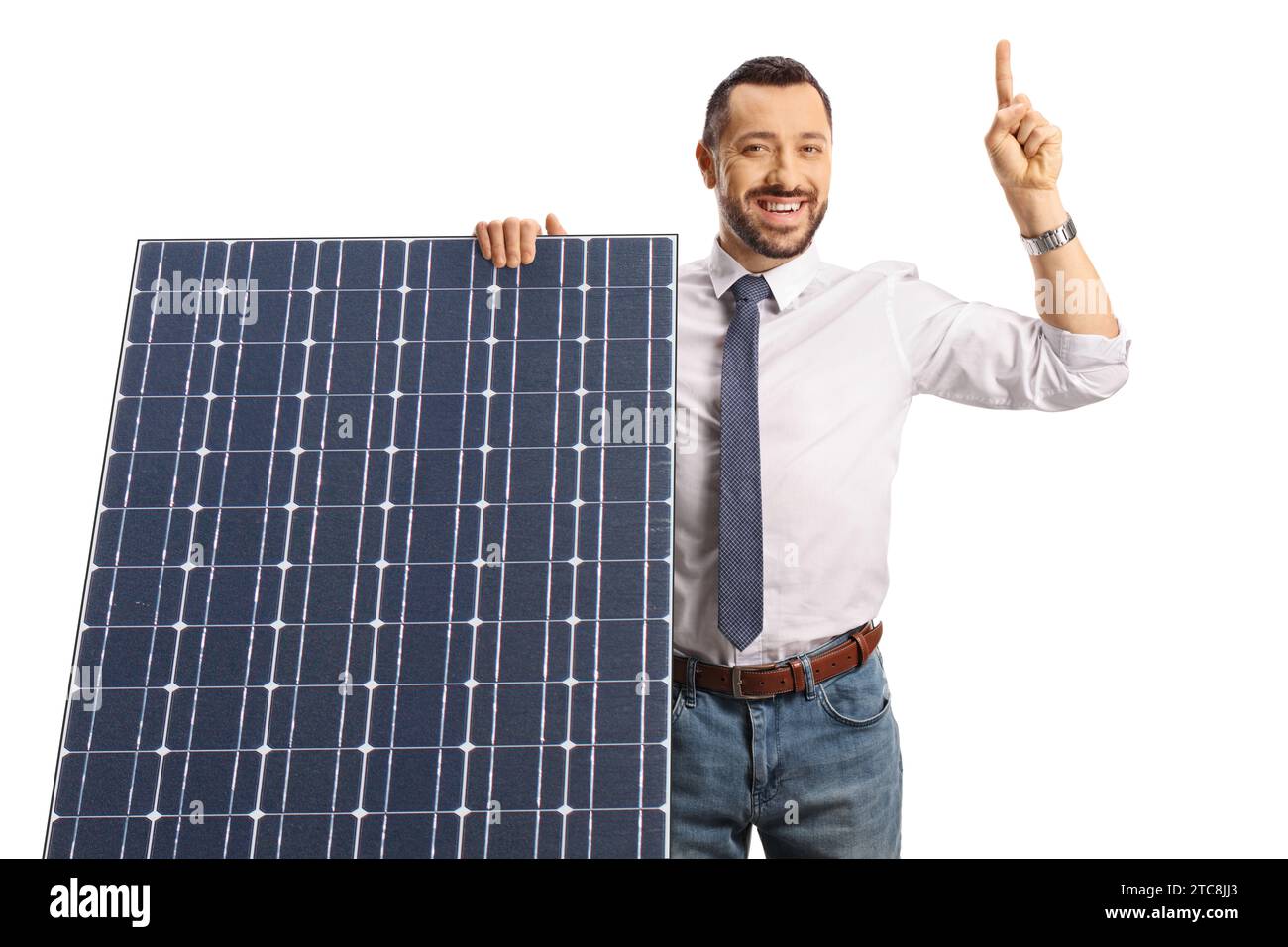 Professional man behind a solar panel pointing up isolated on white ...