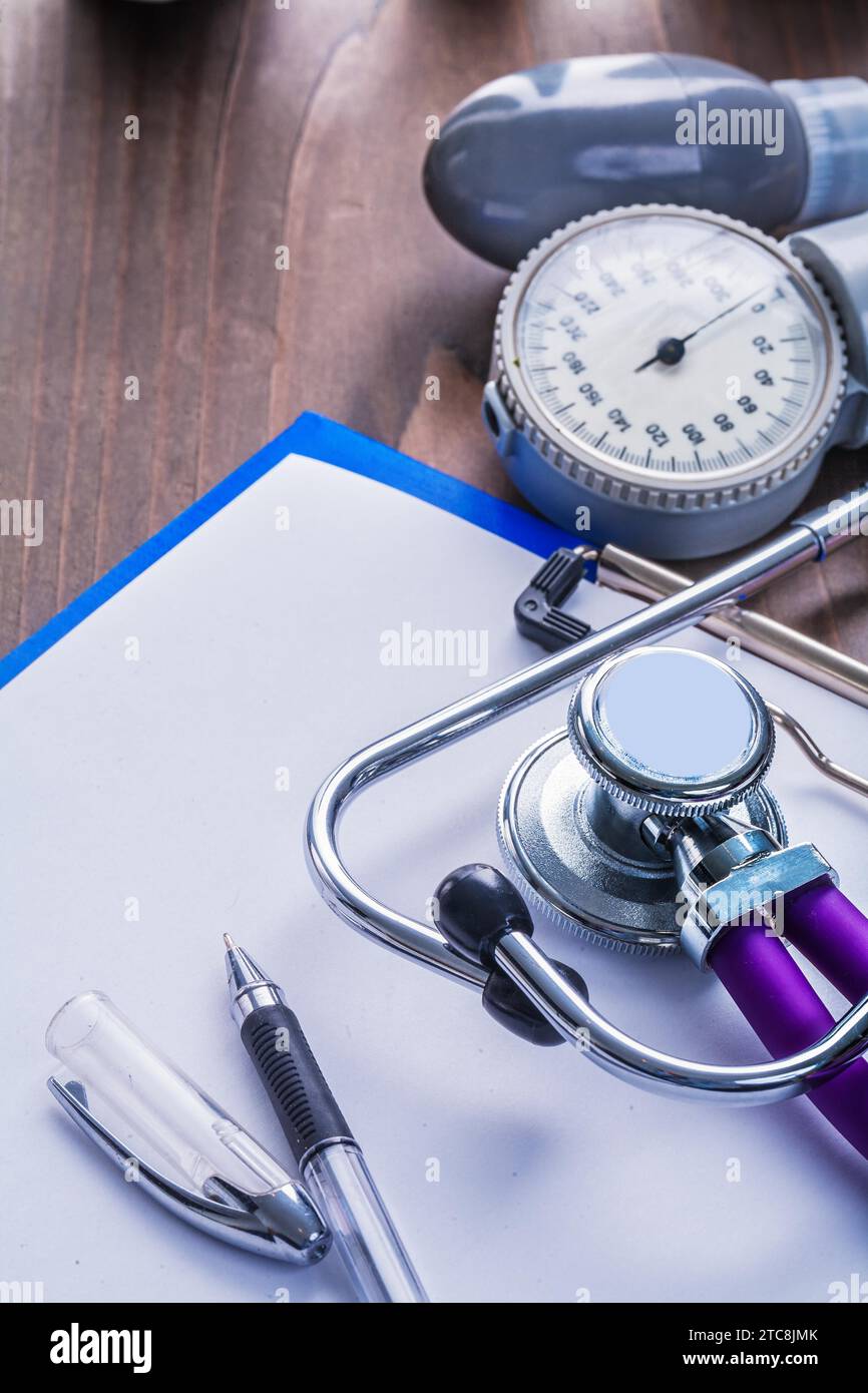 Close up view stethoscope pen blood pressure monitor clipboard Stock ...