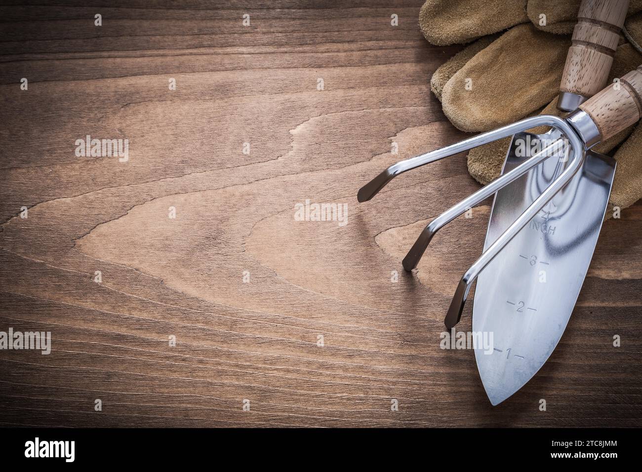 Set of stainless gardening hand shovel rake leather safety gloves on ...