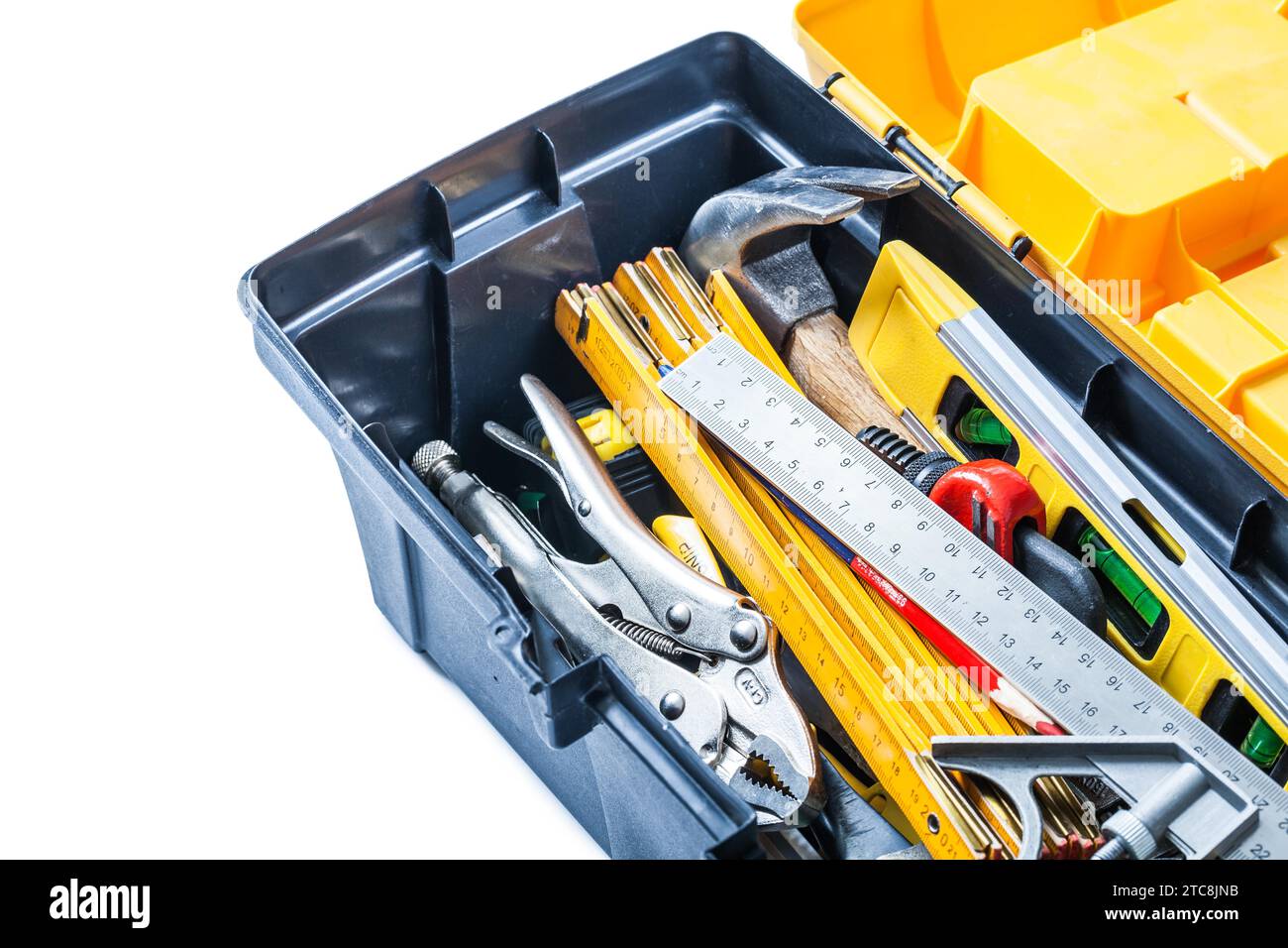 Close up view tools in toolbox isolated Stock Photo - Alamy