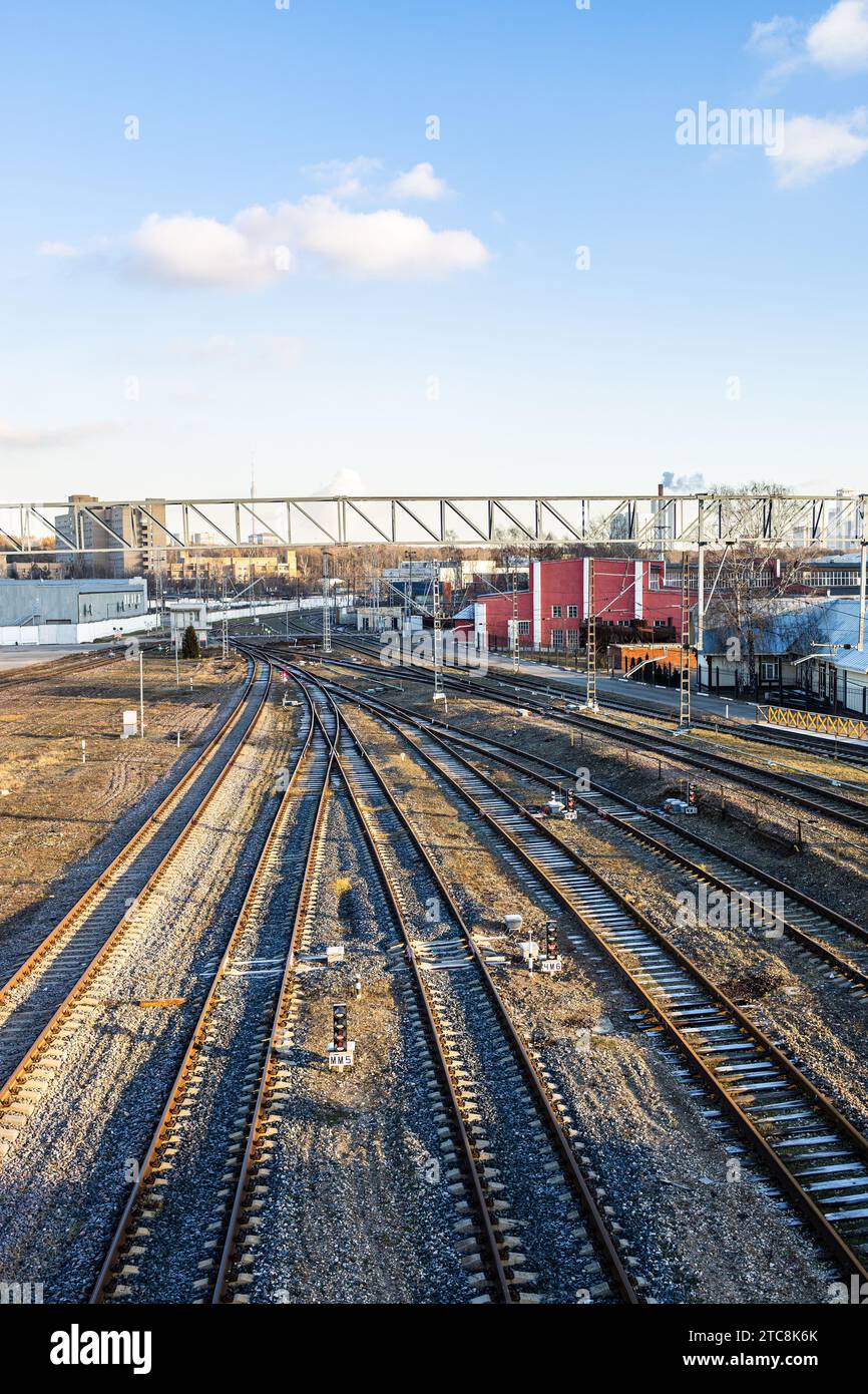above view empty railroad tracks at railway siding on sunny autumn day ...