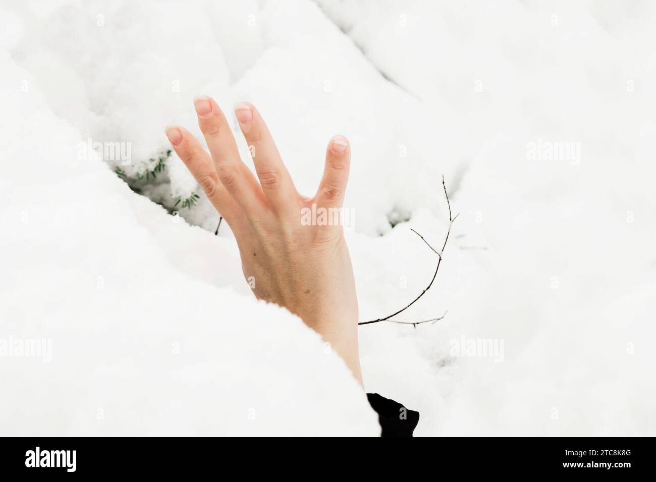 an arm sticking out from under the snow, an avalanche, a snowfall, a ...