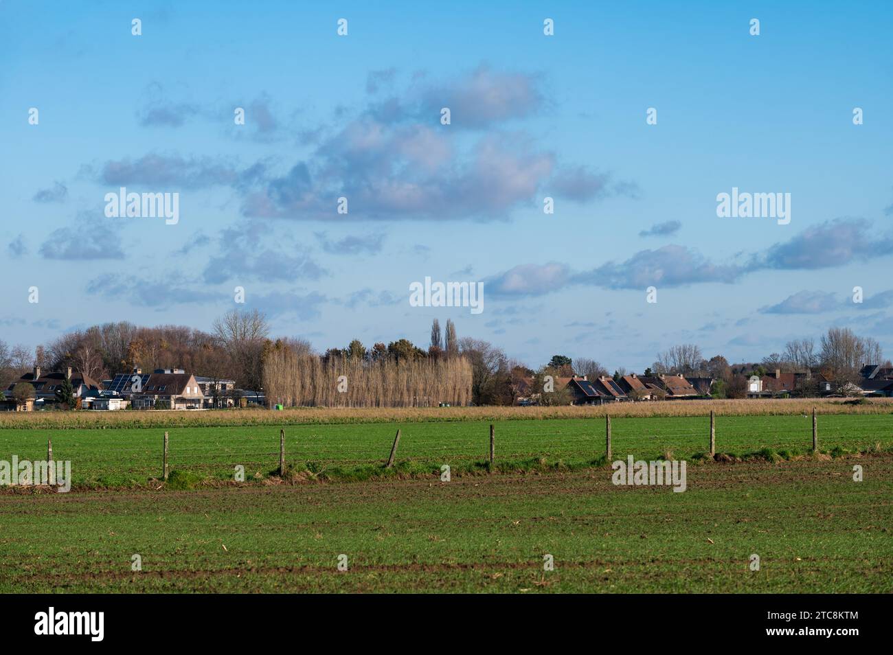 Green farmland, staples and houses at the countryside around Meise ...