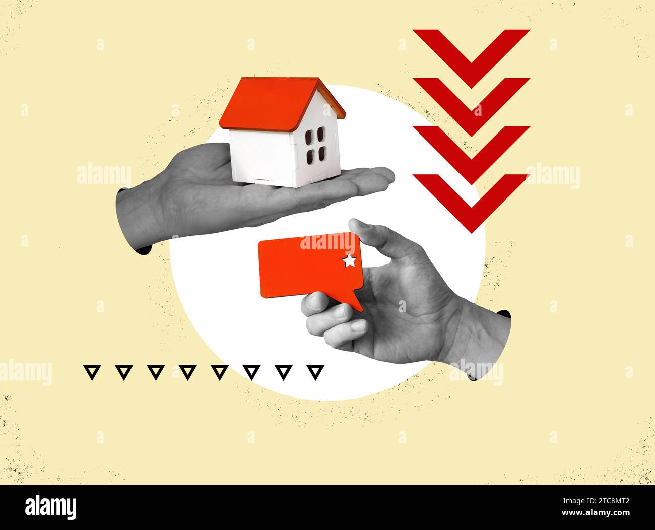 Real estate valuation collage. Hand holding house and negative bad ...