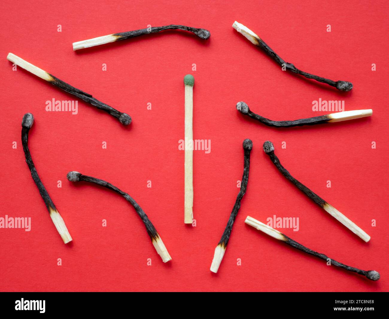Mental burnout. Burnt matches and one whole match Stock Photo - Alamy