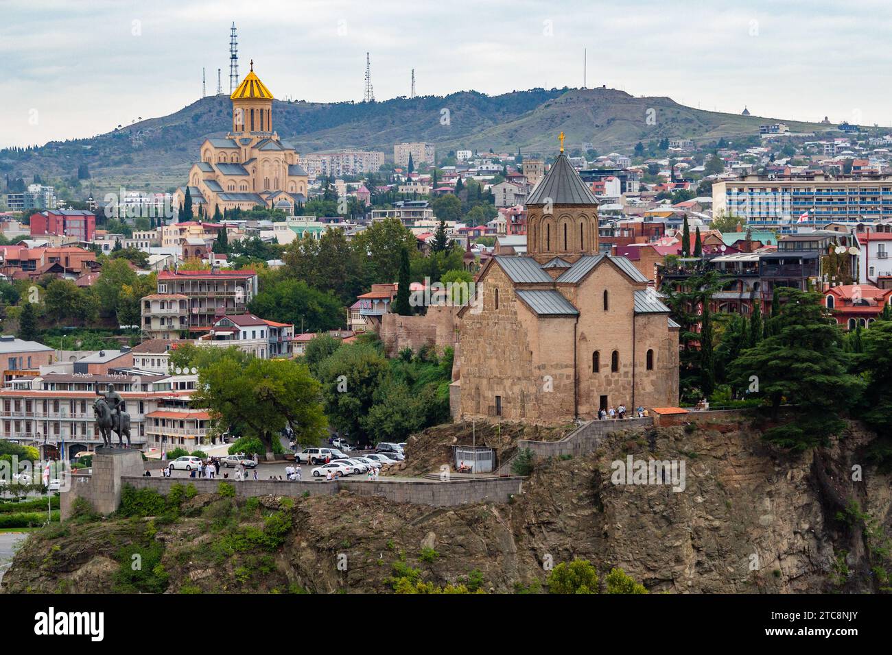 Tbilisi, Georgia - September 23, 2023: view of Metekhi Church, statue ...