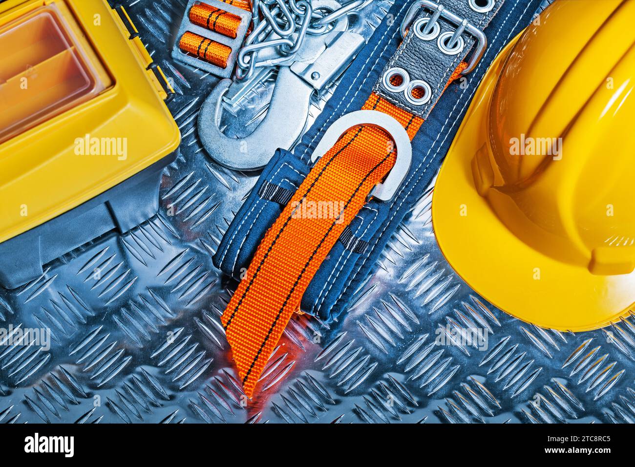 Toolbox helmet safety harness on corrugated sheet metal Stock Photo - Alamy