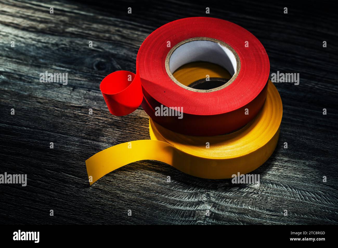 Composition of insulating tapes on wooden panels Stock Photo - Alamy