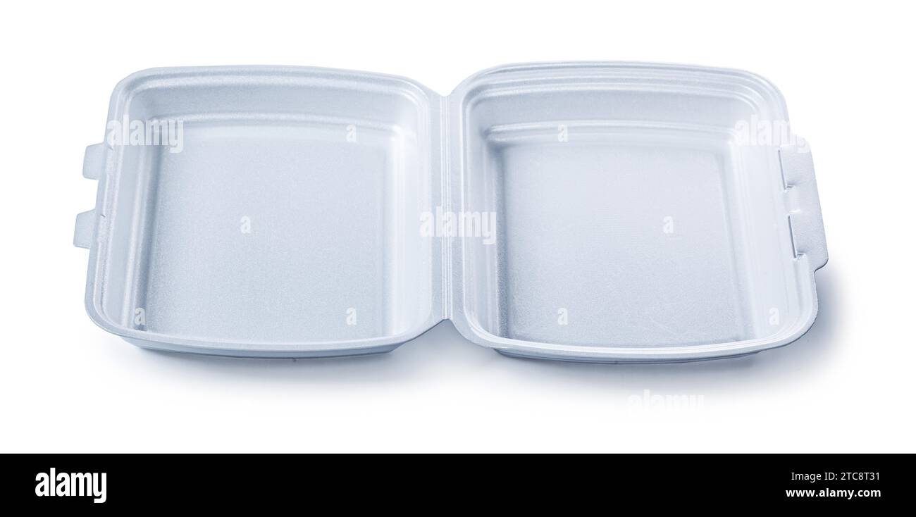 Wide-open polystyrene box for takeaway food, against a white background ...