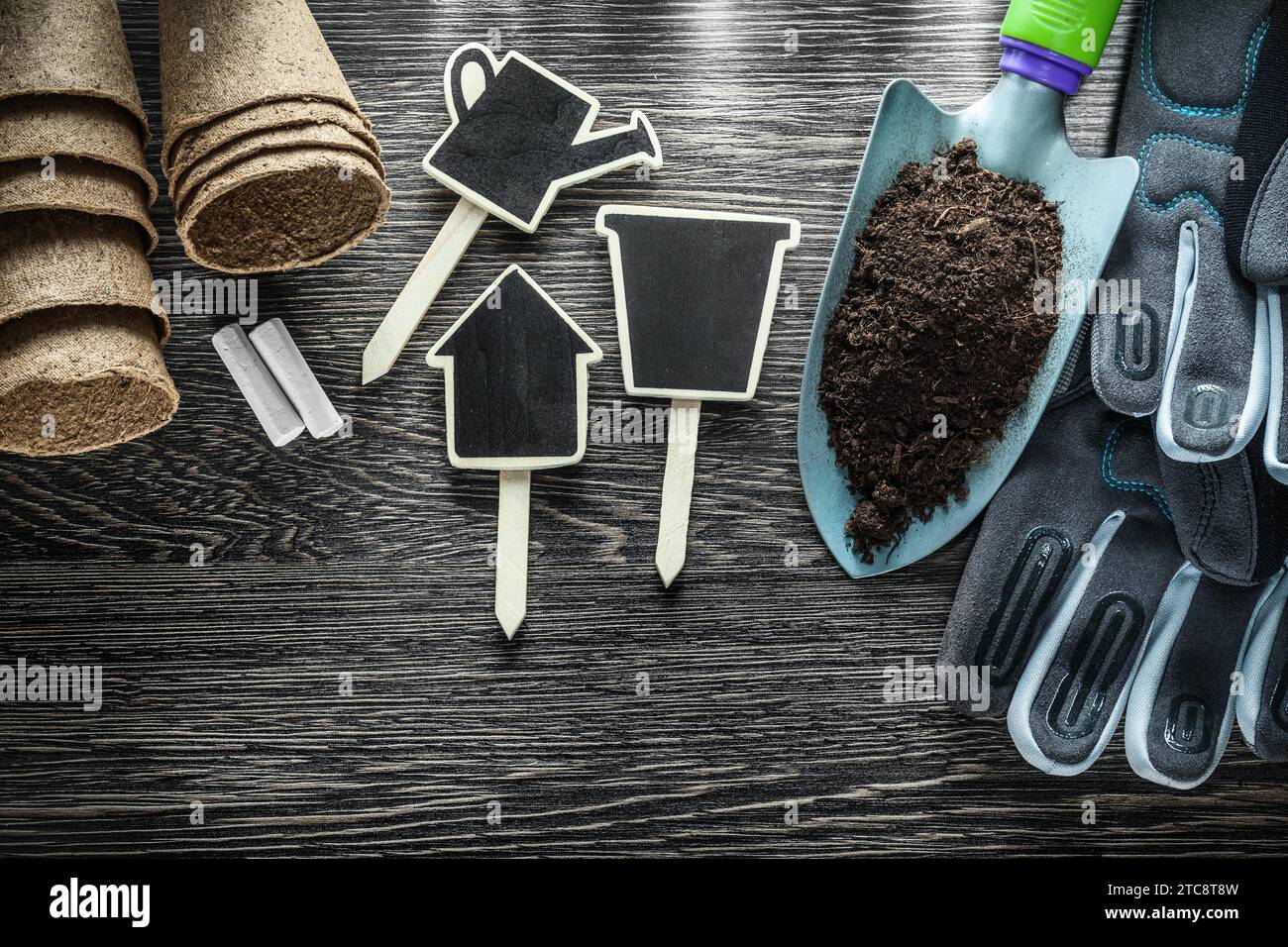 Agriculture Hand spades Soil Peat pots Safety gloves Chalkboard Signs ...