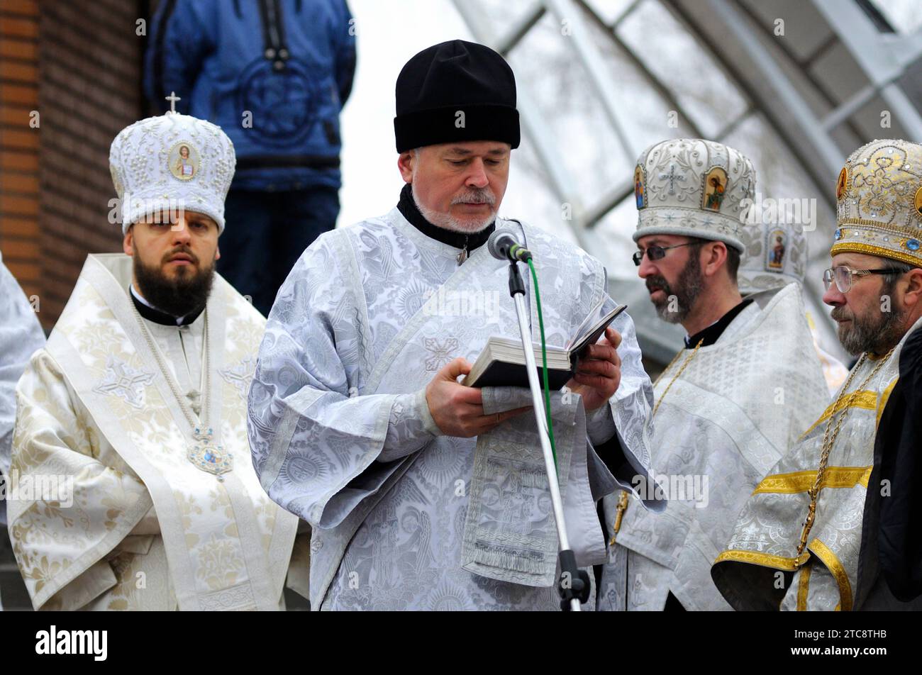 Group of Ukrainian Orthodox Church priests conducting ceremony of Great ...