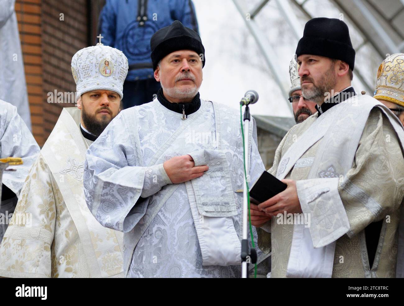Group of Ukrainian Orthodox Church priests conducting ceremony of Great ...