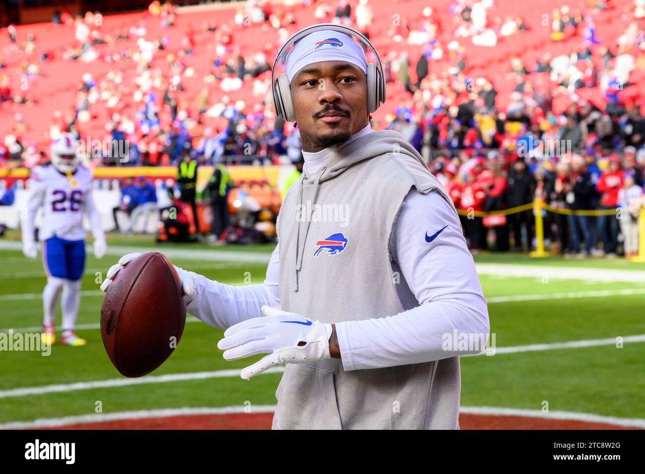 Buffalo Bills wide receiver Stefon Diggs plays "catch" with fans before an NFL football game ...