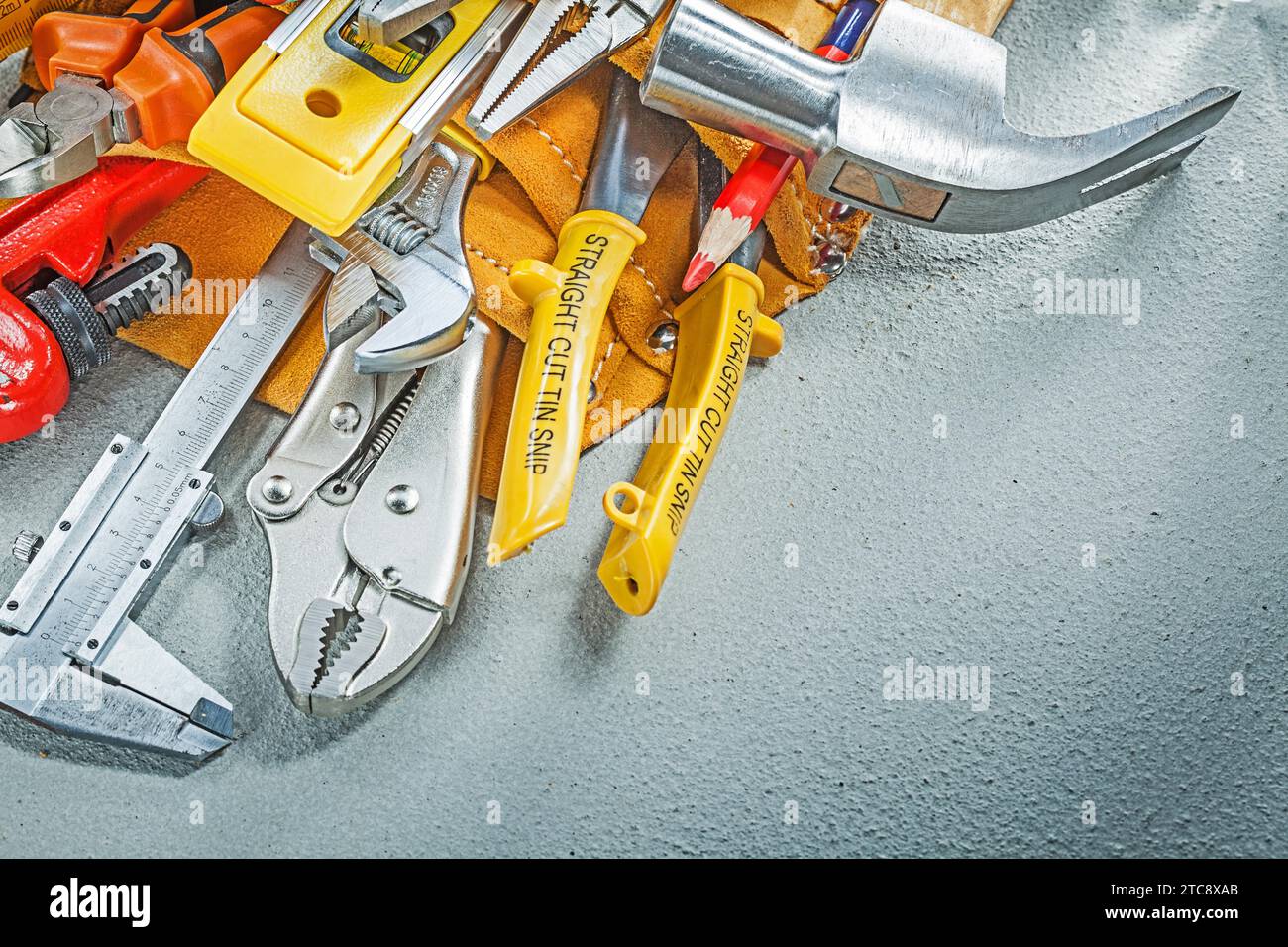 Leather tool belt for building tools Stock Photo - Alamy