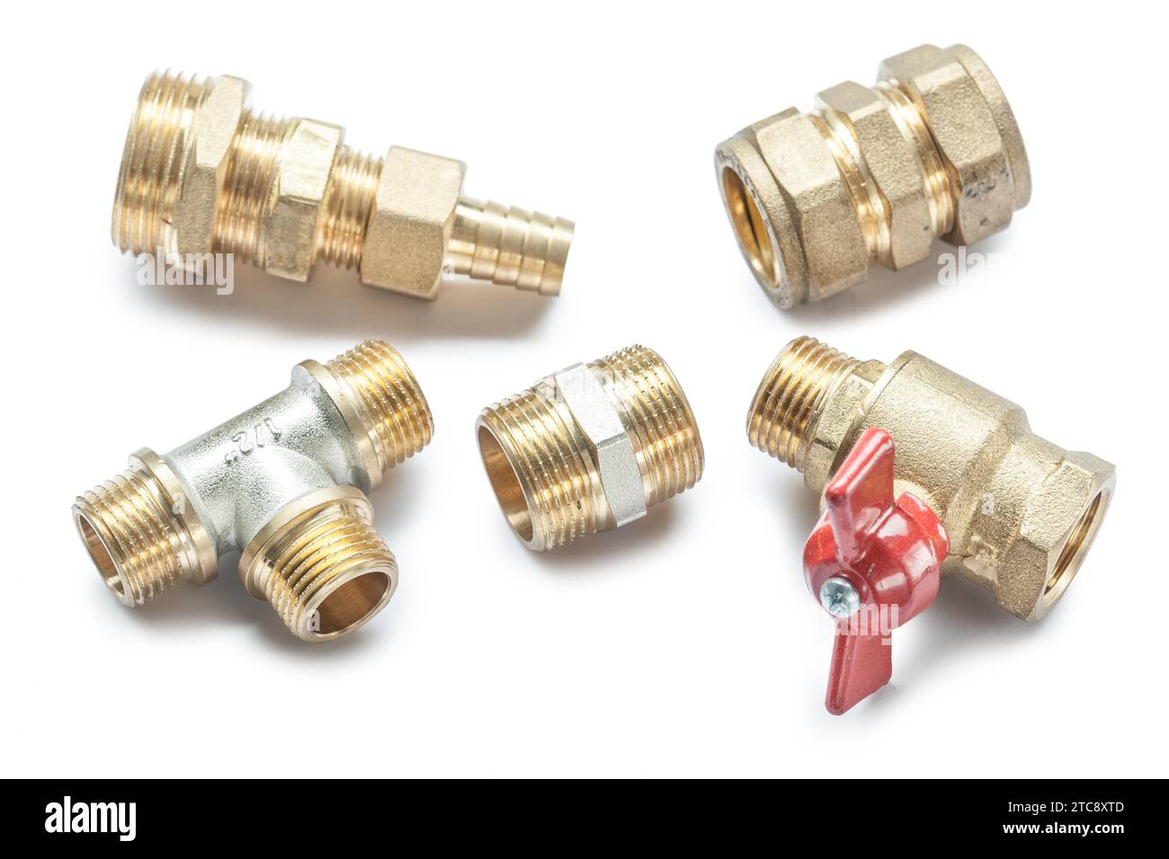 Plumbing tools brass pipe connector against a white background Stock ...