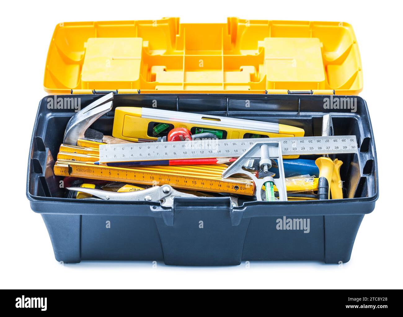 Open toolbox with tools against a white background Stock Photo - Alamy