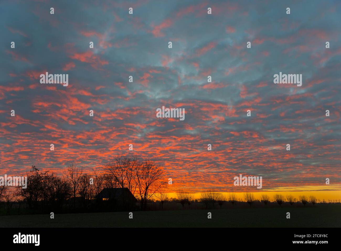 Sunset, sky on fire, house on the Dijkweg, Holwierde, Eemsdelta ...