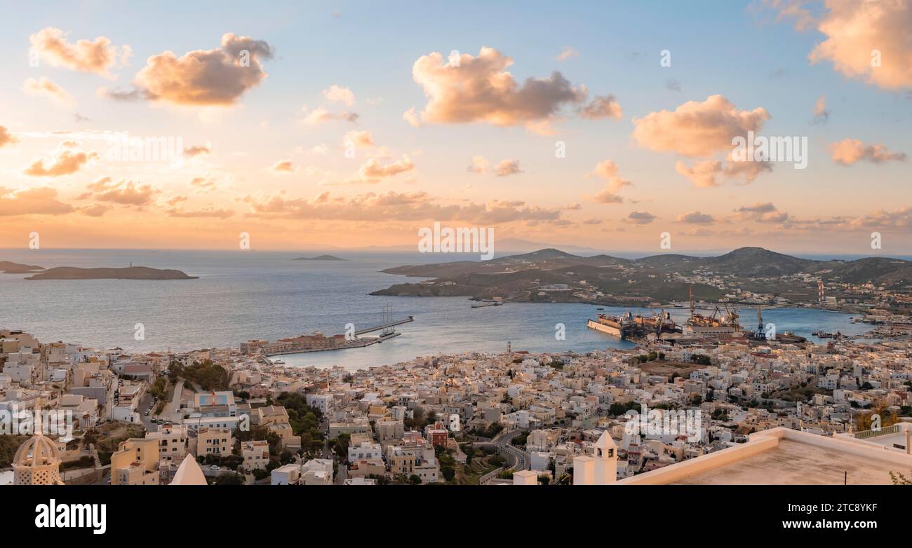 View from Ano Syros to the houses of Ermoupoli with harbour, city view ...