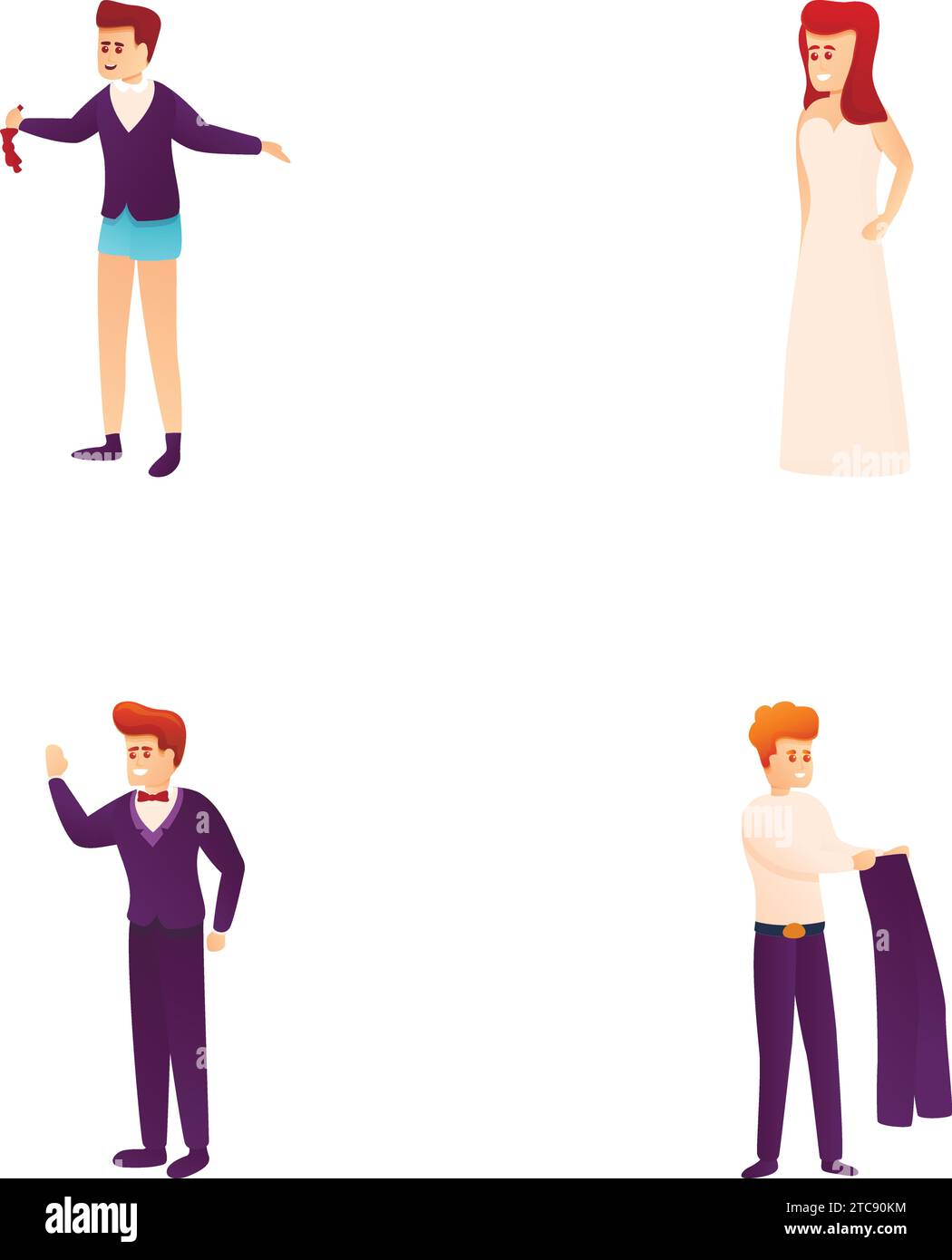 Wedding preparation icons set cartoon vector. Bride and groom dress for ...