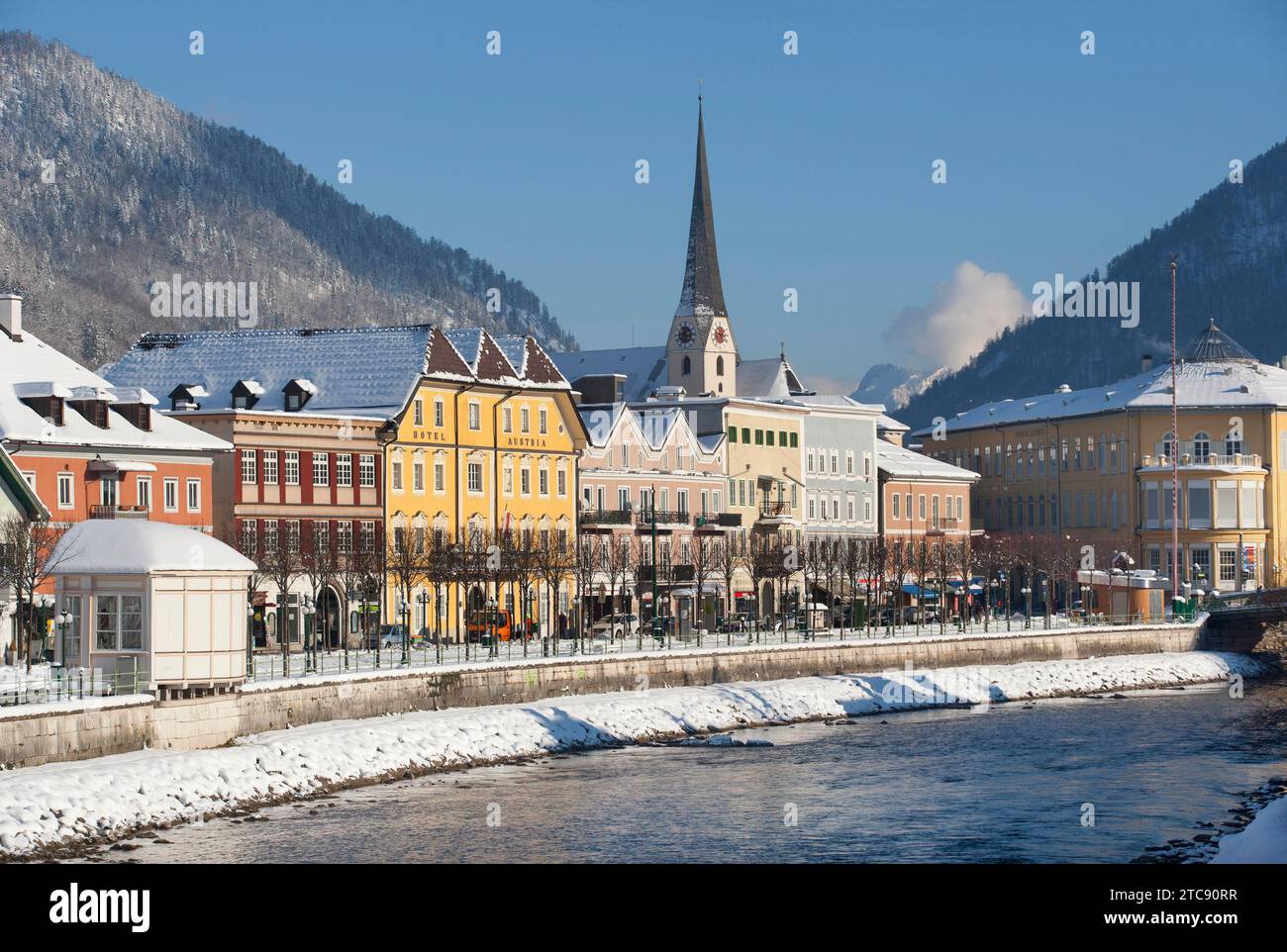 Promenade with river Traun, Bad Ischl, Salzkammergut, Upper Austria ...