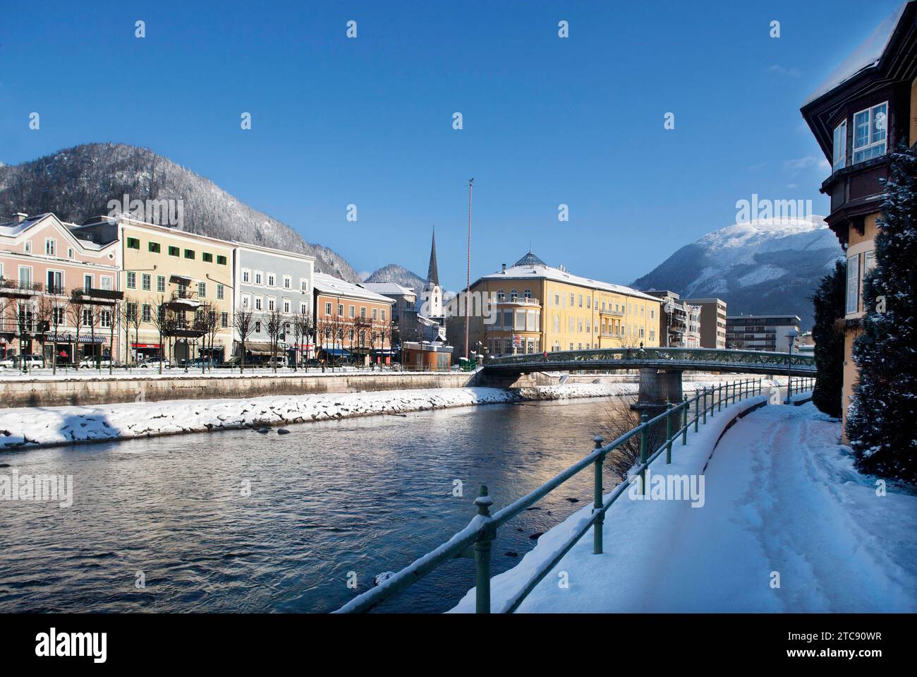 Promenade with river Traun, Bad Ischl, Salzkammergut, Upper Austria ...