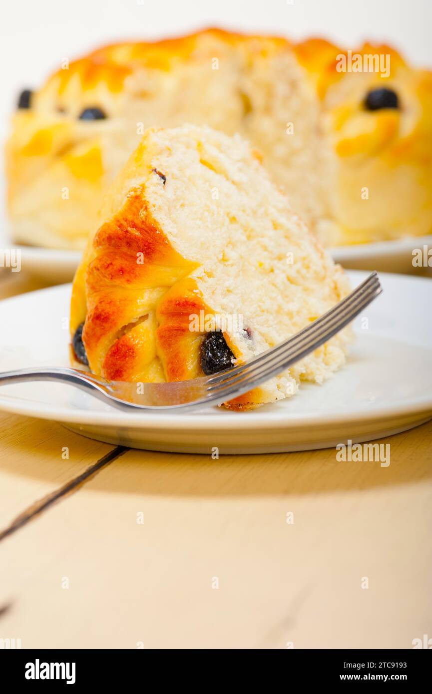 Fresh home baked blueberry bread cake dessert over white wood table ...