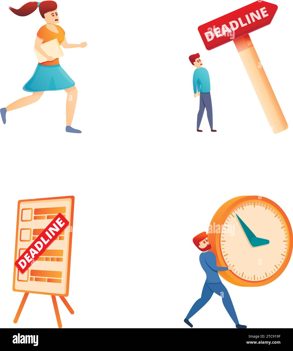 Office Deadline Icons Set Cartoon Vector Stressed Employees Working Overtime Time Management