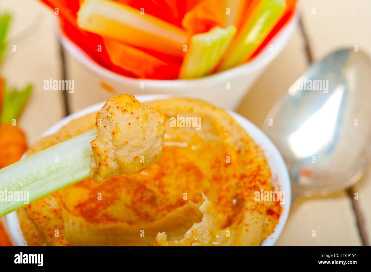 Fresh hummus dip with raw carrot and celery arab middle eastent healthy ...