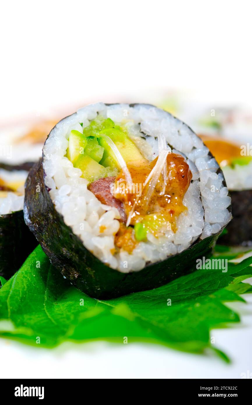 Macro closeup of fresh sushi choice combination assortment selection ...