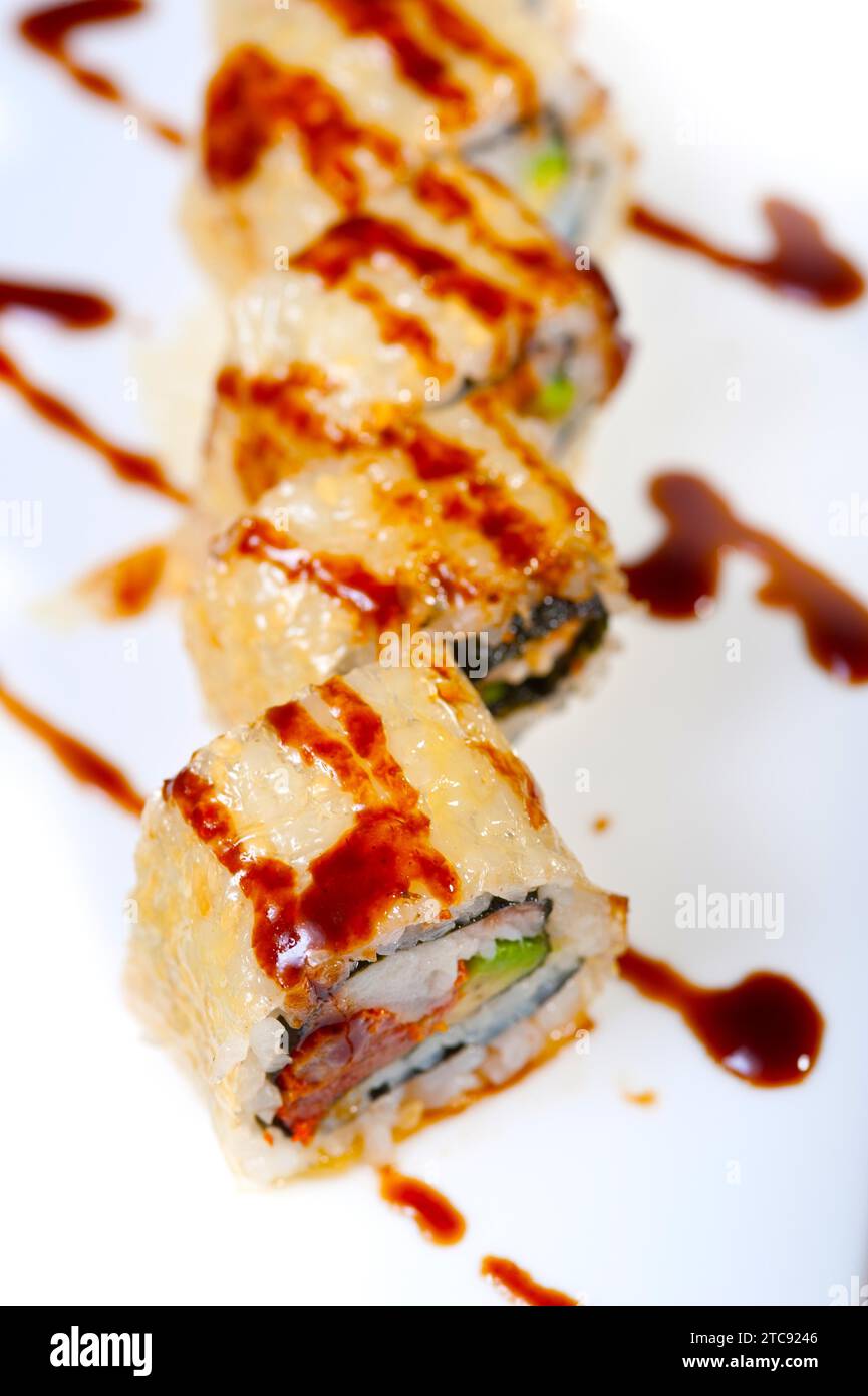 Macro closeup of fresh sushi choice combination assortment selection ...