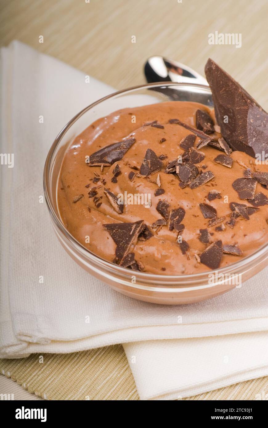 Fresh homemade chocolate mousse made with bitter chocolate, closeup ...