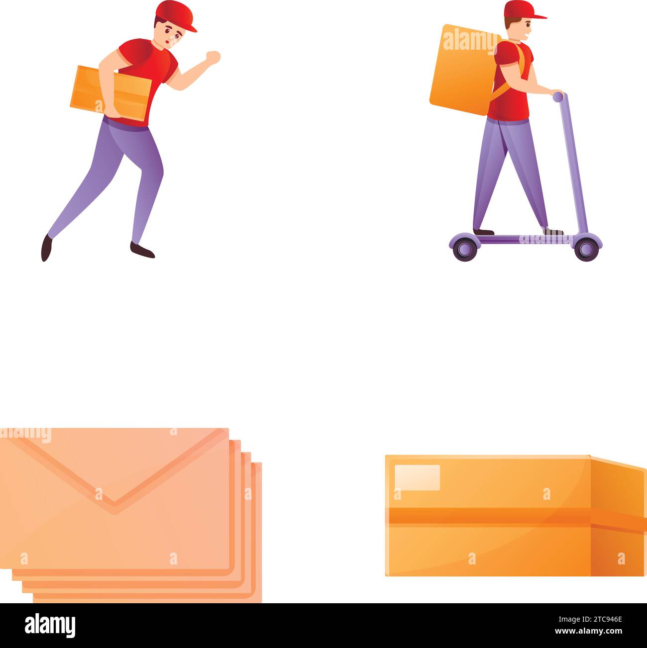 Courier delivery icons set cartoon vector. Male courier with envelope ...