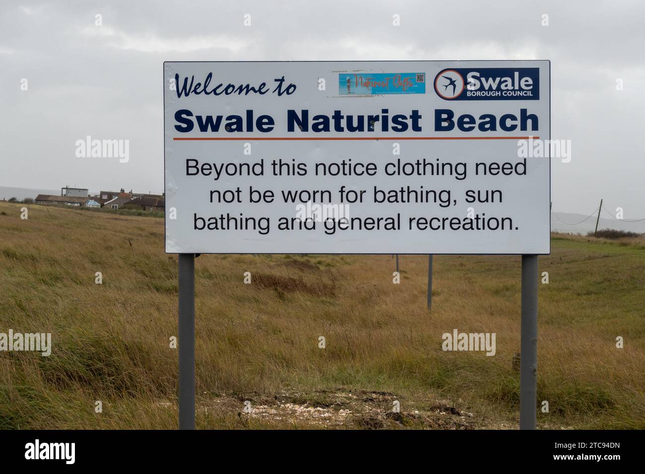 Sign on Swale Naturist Beach on the Isle of Sheppey, Kent, England, UK ...