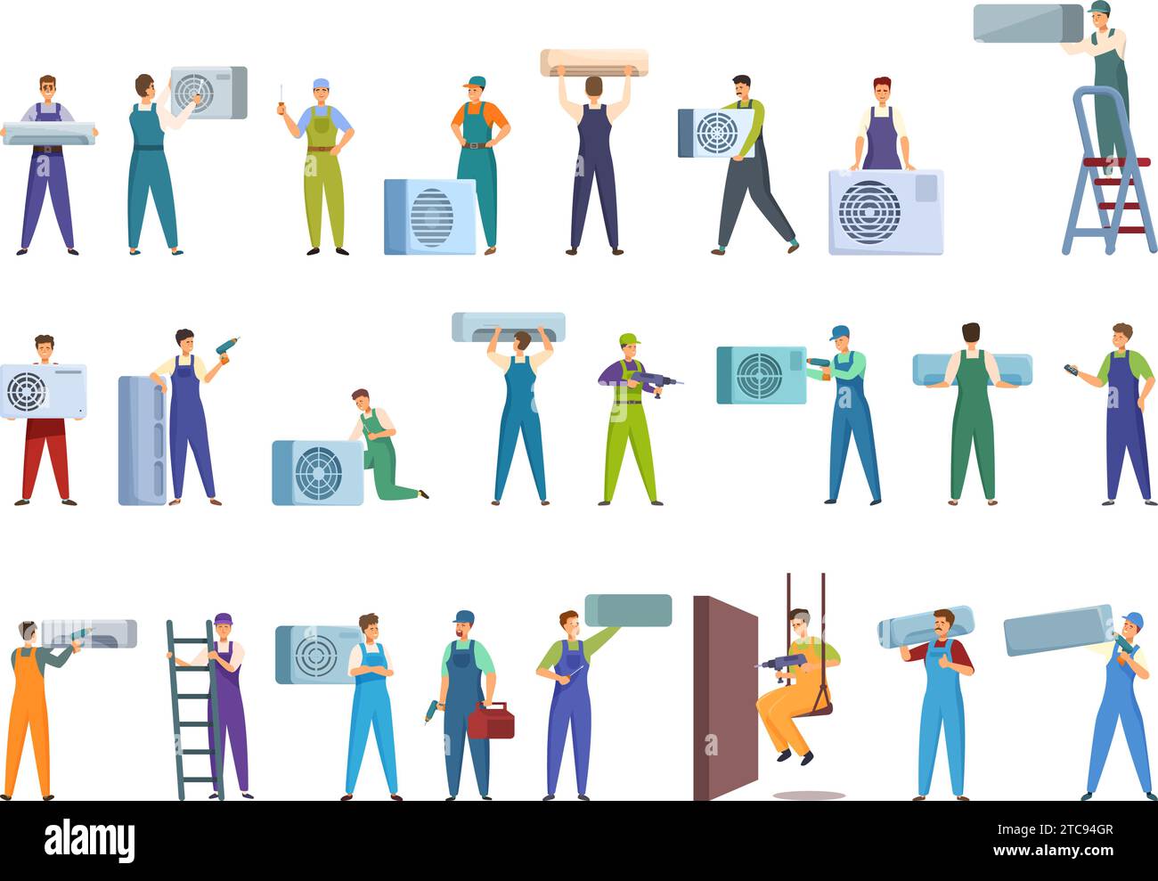 Air conditioner installer icons set cartoon vector. Service house. Man ...