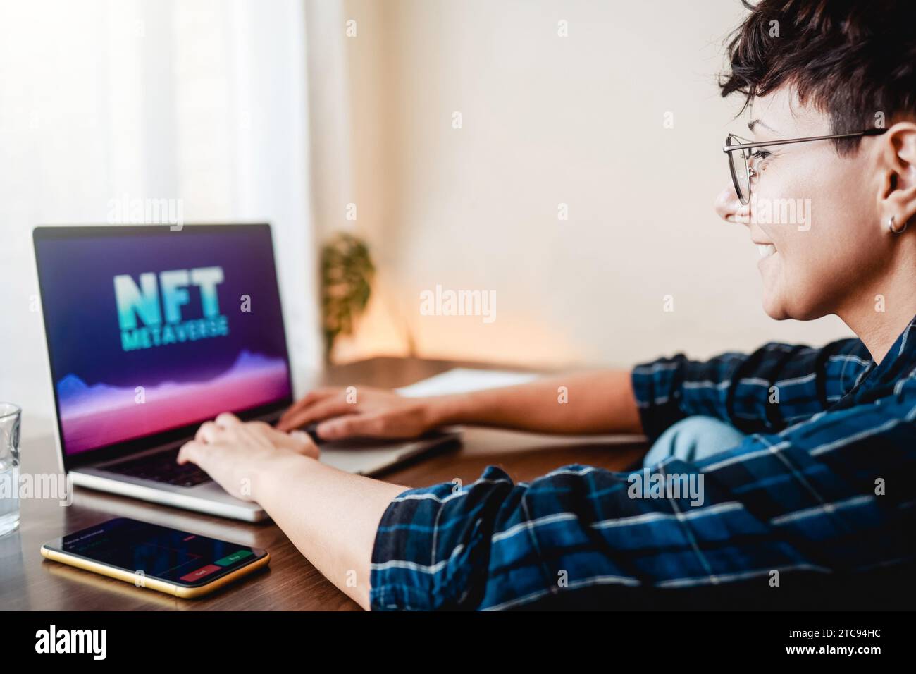 NFT technolgy concept. Business woman working with non fungible tokens ...