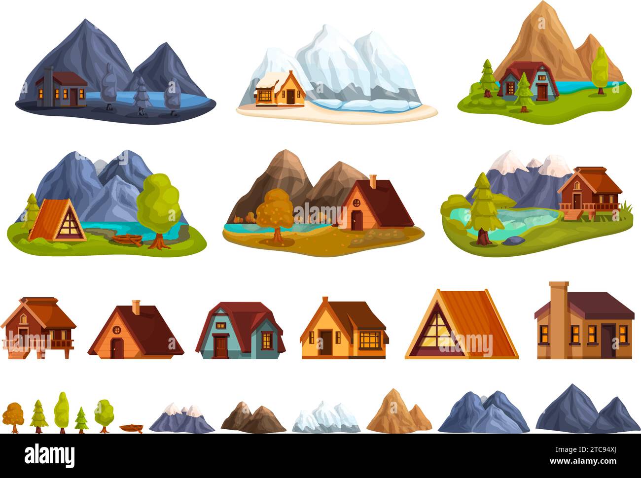House near mountain lake icons set cartoon vector. Nature tree. Fir ...