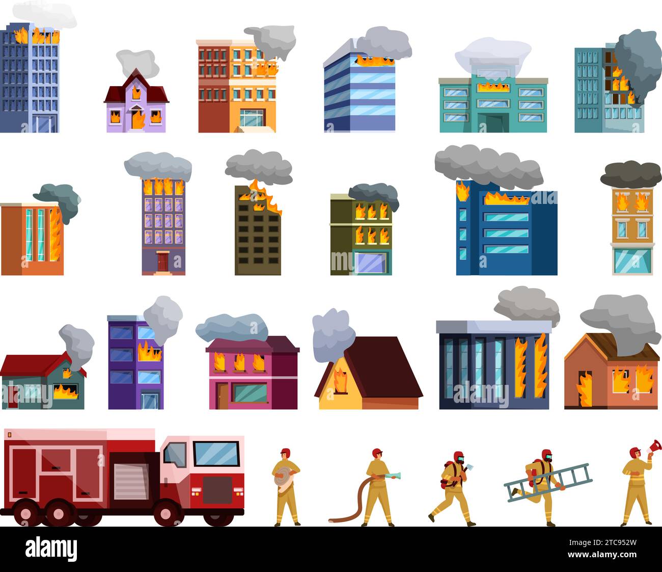 Burning building icons set cartoon vector. Fire house. Stair hose flame ...