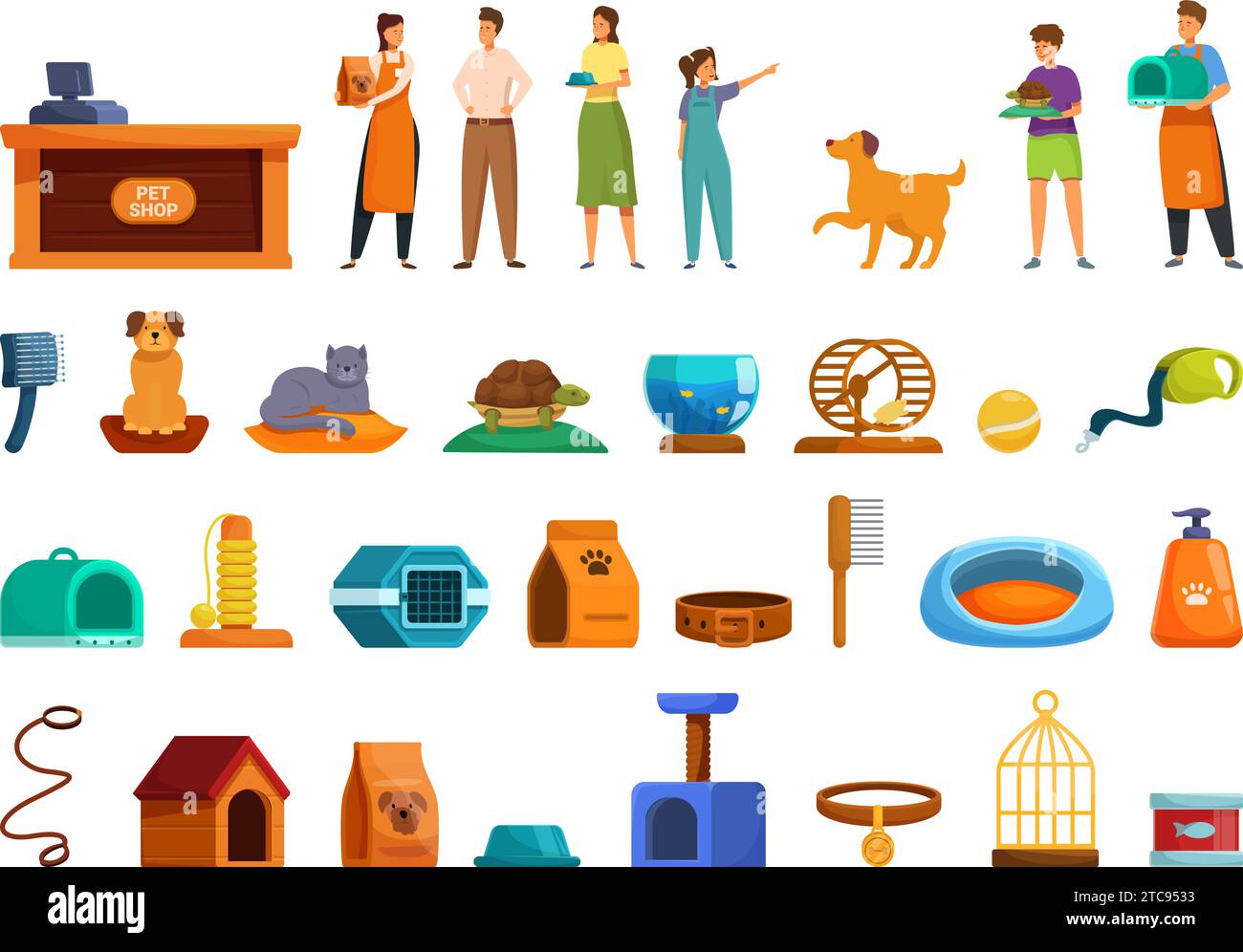 Pet shop interior icons set cartoon vector. Domestic animal. Store ...