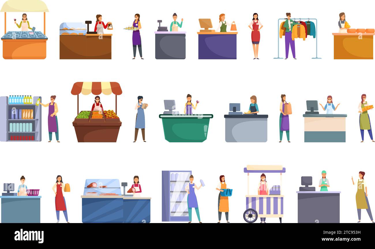 Girl vendor icons set cartoon vector. Street city seller. Food court ...