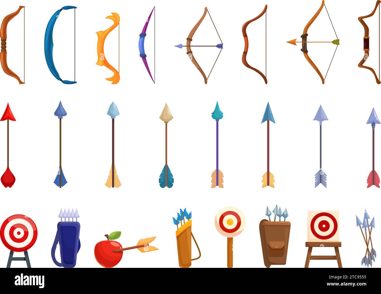 Archery shoot weapon icons set cartoon vector. Arrow game. Wood stone ...