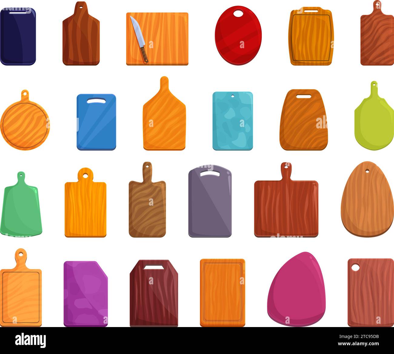 Chopping board icons set cartoon vector. Wooden cutting. Wood plank cut ...