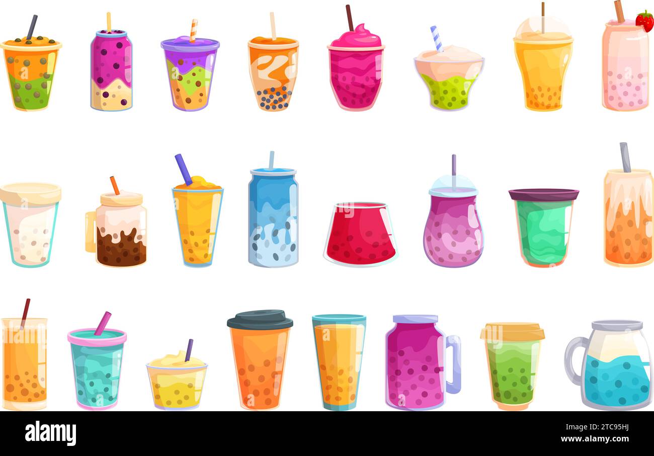Boba icons set cartoon vector. Cup drink. Fruit berry chocolate Stock ...