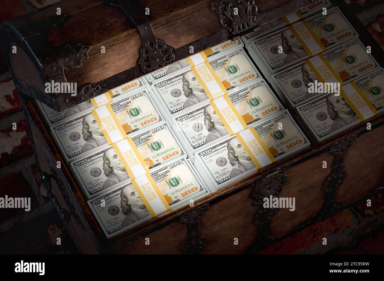 Flashlight Shining on a Treasure Chest Filled with Millions of Dollars ...