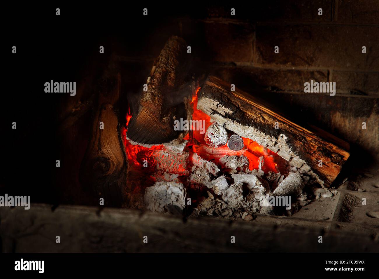 Empty barbecue flaming charcoal grill with bright flames of fire ...