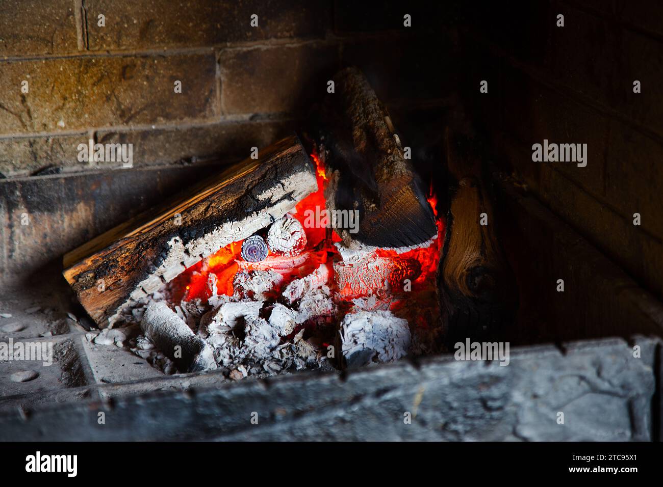 Empty barbecue flaming charcoal grill with bright flames of fire ...