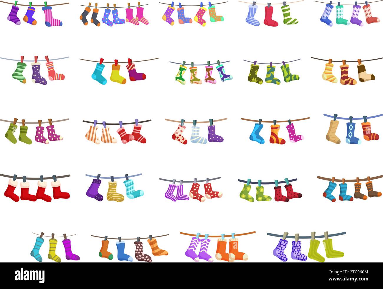 Clothesline sock icons set cartoon vector. Drying hanging. Pair rope ... Clothesline sock icons set cartoon vector. Drying hanging. Pair rope ...
