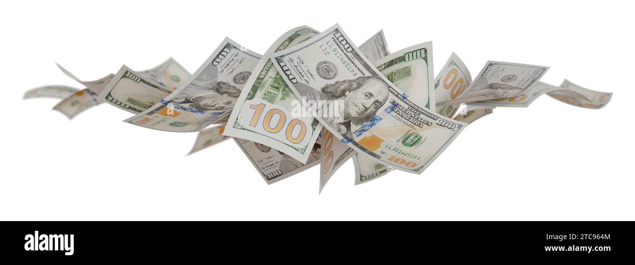 Collection of Falling One Hundred Dollar Bills Isolated on a White ...