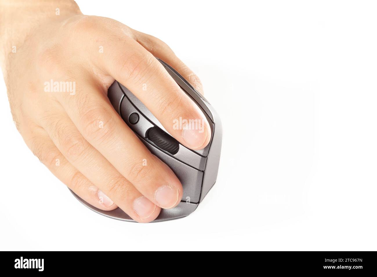 Close-up of male hand clicking on vertical computer mouse. Isolated ...