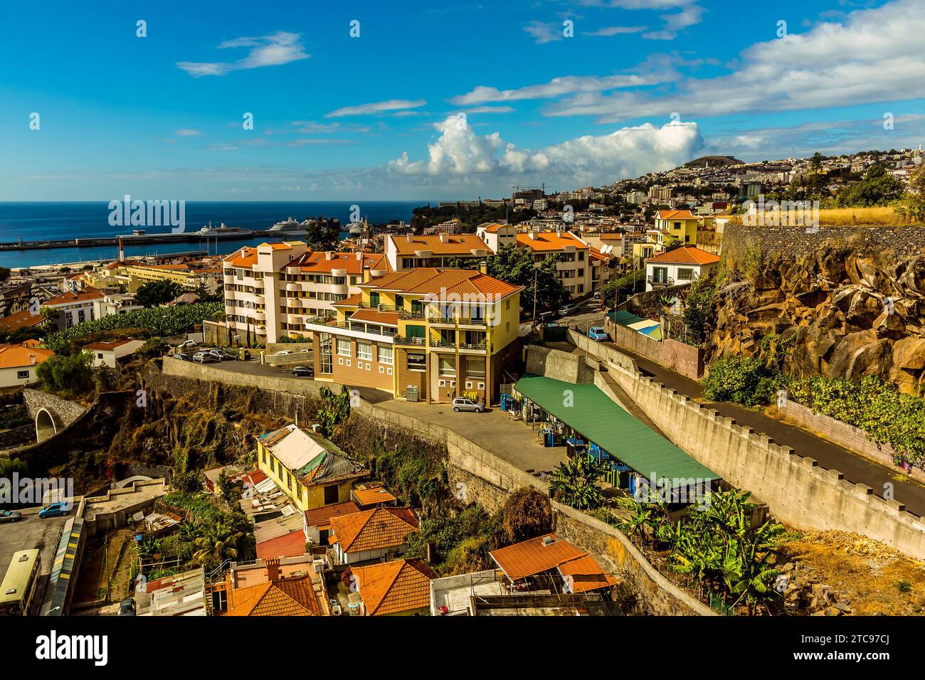 A view down over the roof tops of Funchal, Madeira out to sea Stock ...